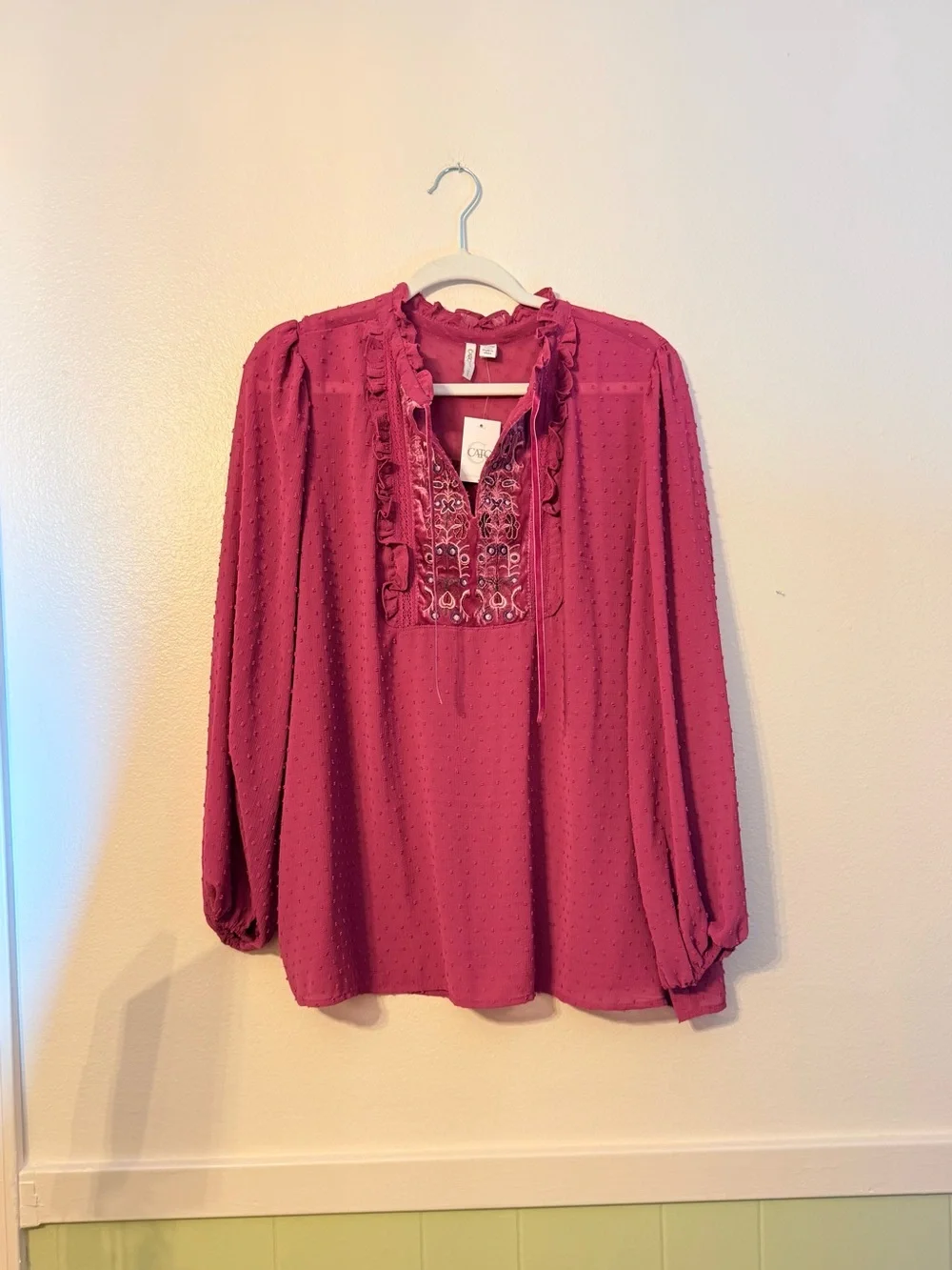 Cato | Tops | Cato Plum Embroidered Peasant Blouse With Ruffle Trim ...